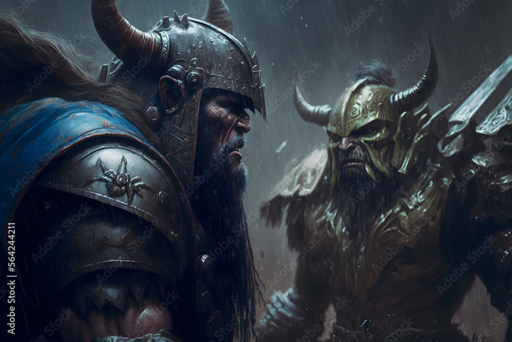 Battle of orcs and paladins, the world of warcraft. A man and an orc ...
