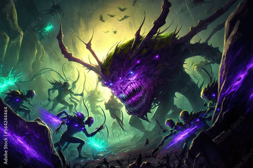 Green planet fight scene with giant monster. Digital Art painting, Ai ...