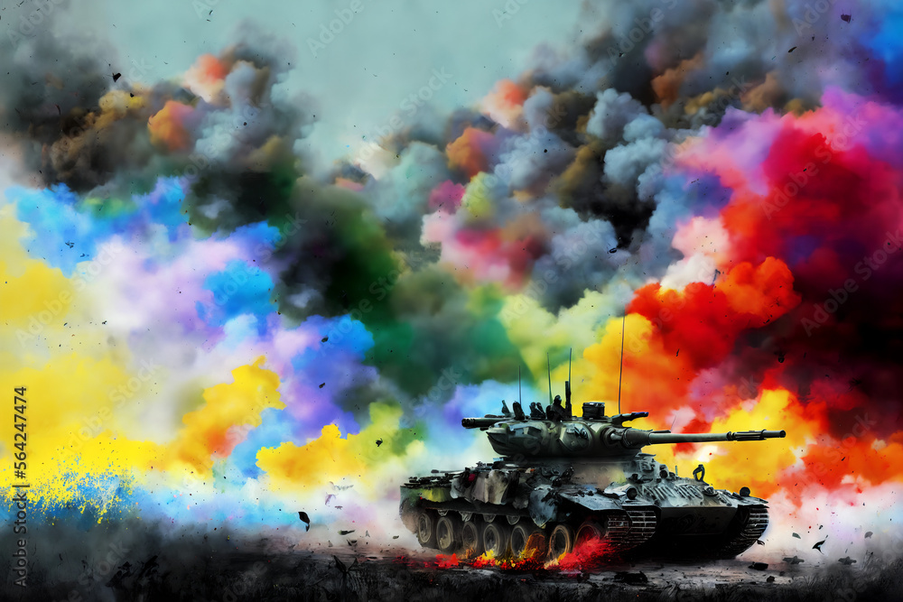War in Ukraine, rainbow explosion, destroyed buildings in cities ...