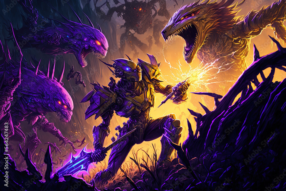 Green planet fight scene with giant monster. Digital Art painting, Ai ...