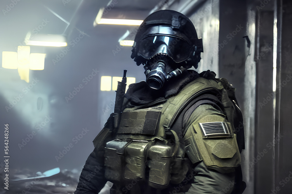 soldier with a gas mask, Ukrainian, war, city, spec ops soldier lurking ...