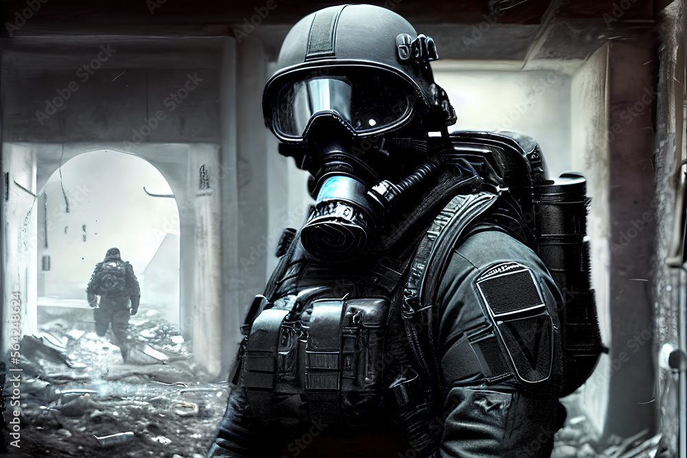 soldier with a gas mask, Ukrainian, war, city, spec ops soldier lurking ...
