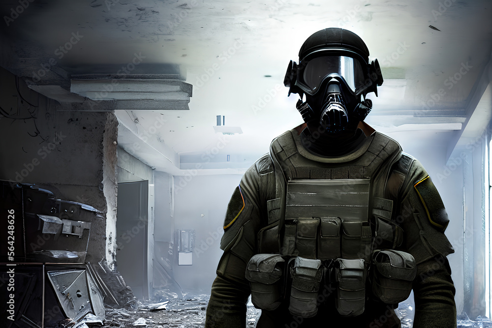 soldier with a gas mask, Ukrainian, war, city, spec ops soldier lurking ...