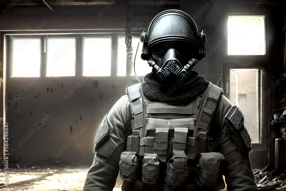 soldier with a gas mask, Ukrainian, war, city, spec ops soldier lurking ...