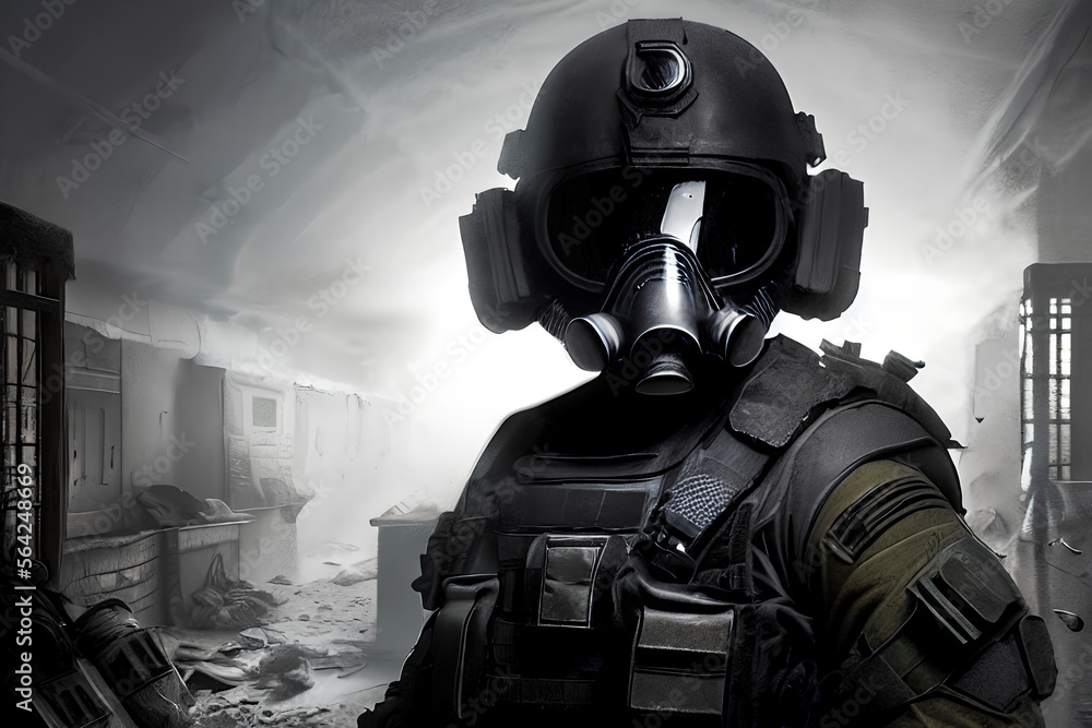 soldier with a gas mask, Ukrainian, war, city, spec ops soldier lurking ...