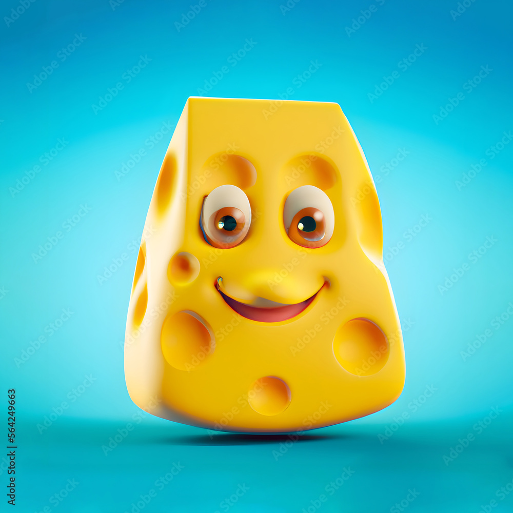 Cute smiling swiss cheese emoji character with big eyes on a blue ...