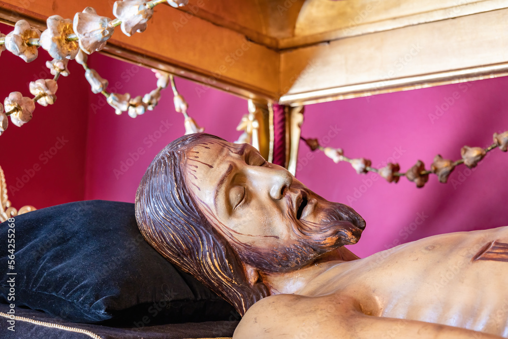 Detail of the face of Our Lord Jesus Christ dead, in the representation ...