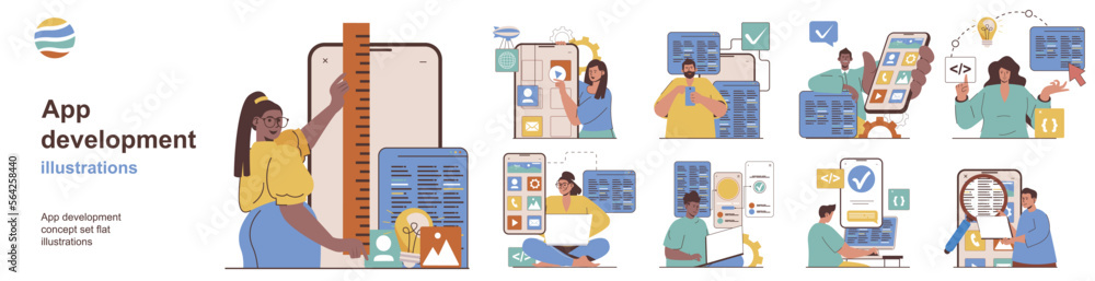 App development concept with character situations collection. Bundle of ...