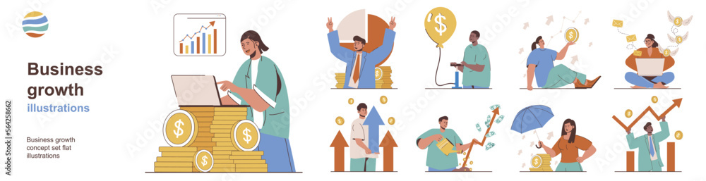Business growth concept with character situations collection. Bundle of ...