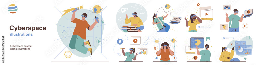 Cyberspace concept with character situations collection. Bundle of ...