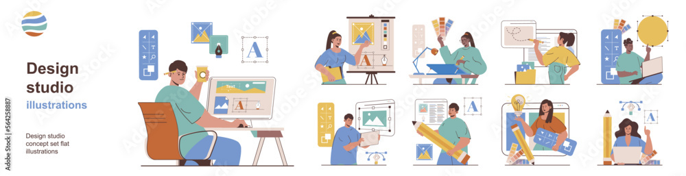 Design studio concept with character situations collection. Bundle of ...