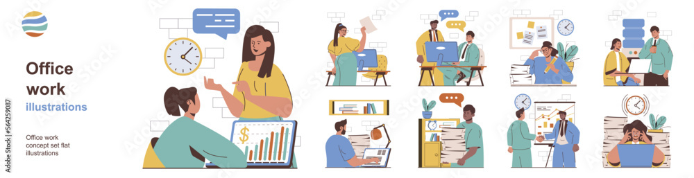 Office work concept with character situations collection. Bundle of ...