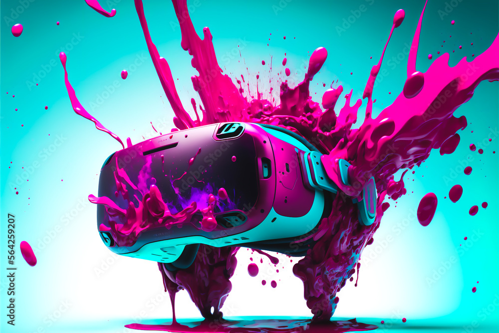 VR Headset banner, paint splash background, virtual reality helmet ...
