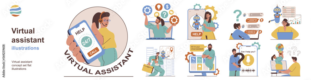 Vetor de Virtual assistant concept with character situations collection ...