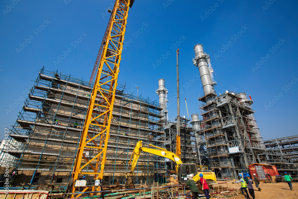 New construction Gas turbine electrical power plant crane during the ...