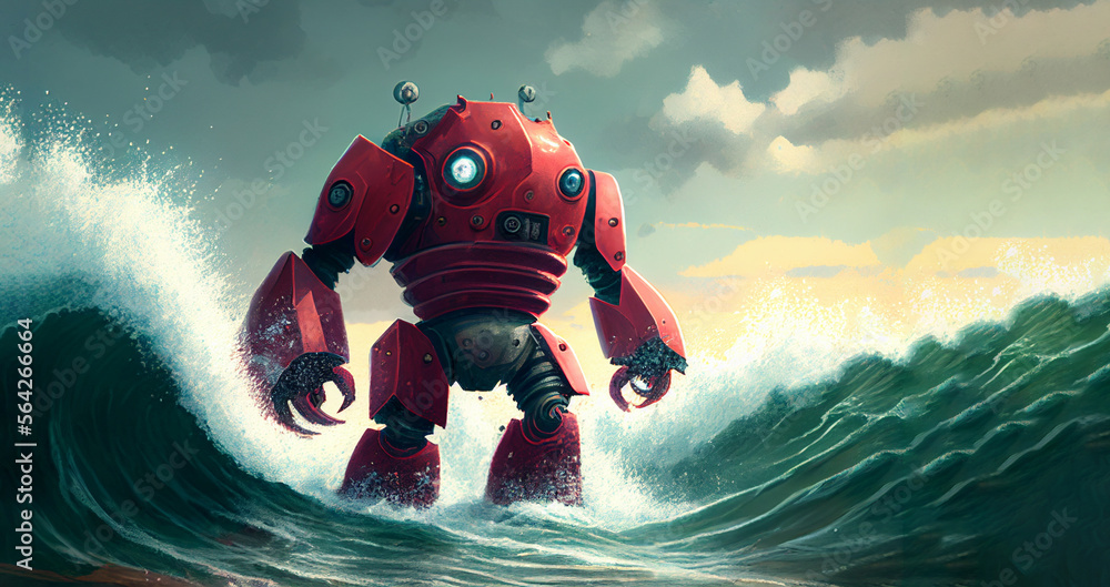 Red giant robot rising from ocean. Generative AI illustration Stock ...