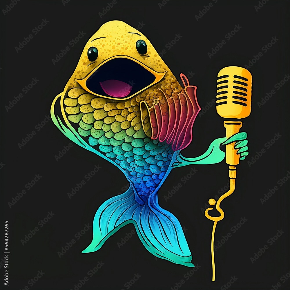 Happy cartoon fish Holds a golden mic with black backgraund .Generative ...