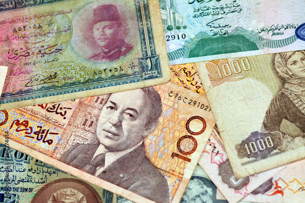 various old cash money banknotes from different countries of the world ...