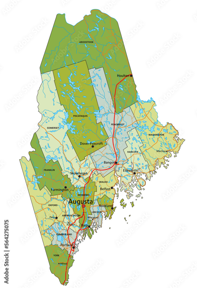 Highly detailed editable political map with separated layers. Maine ...