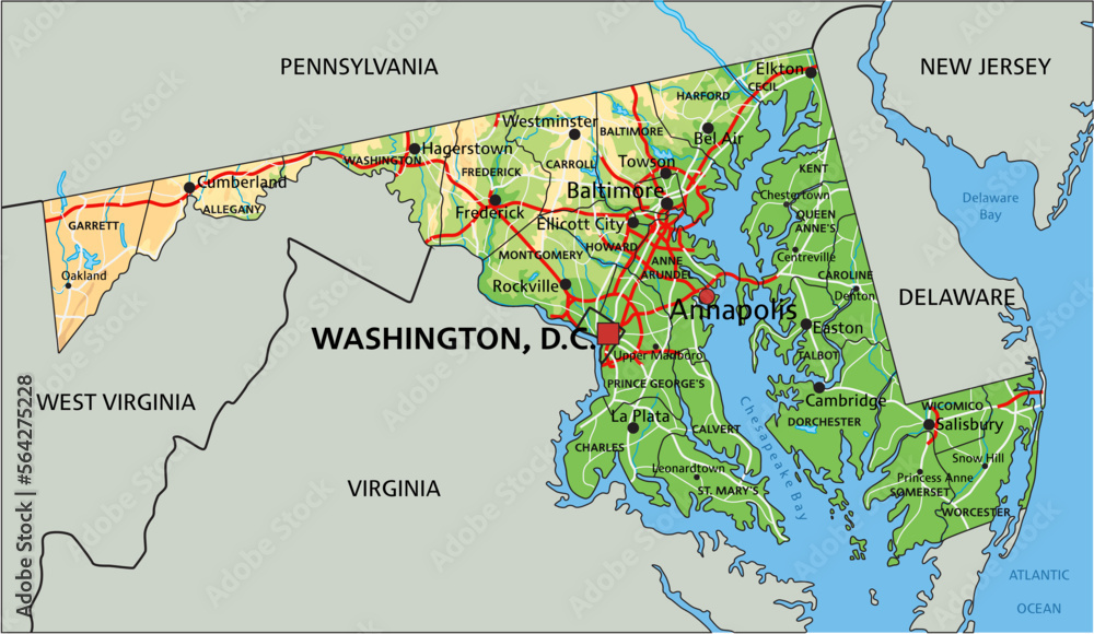High detailed Maryland physical map with labeling. Stock Vector | Adobe ...