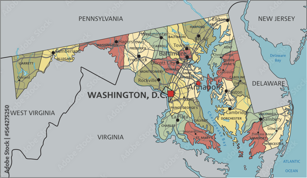 Maryland - Highly detailed editable political map with labeling. Stock ...