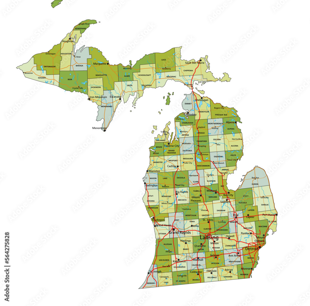 Highly detailed editable political map with separated layers. Michigan ...