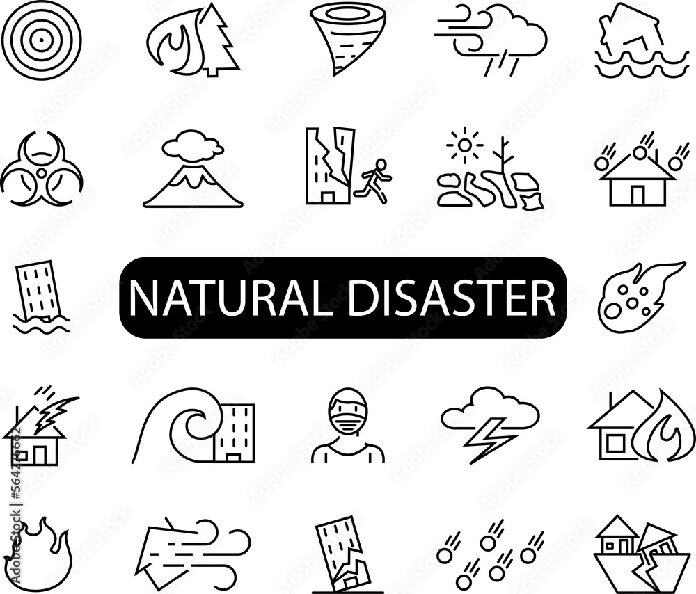 Poster Collection of natural disaster icons. Simple black symbols ...