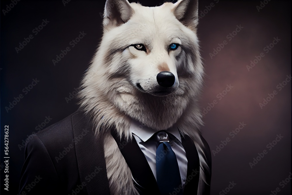 Portrait of a white wolf dressed in a formal business suit. Generative ...