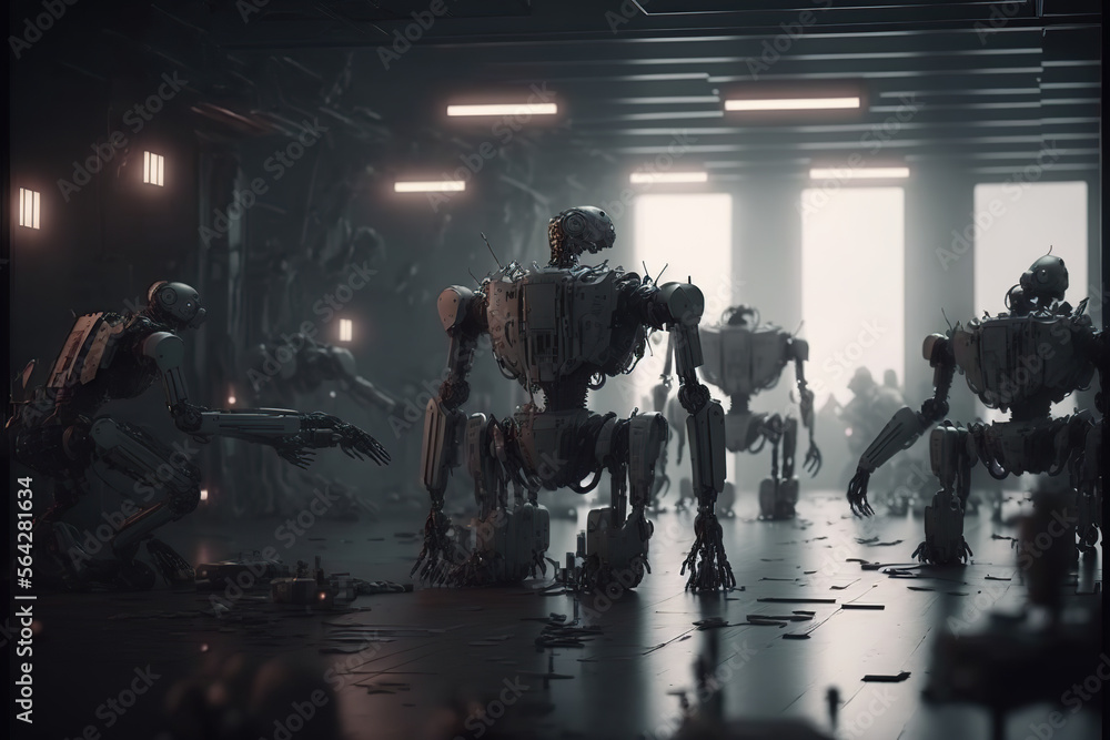 A futuristic technology image showing a room full of robots working ...