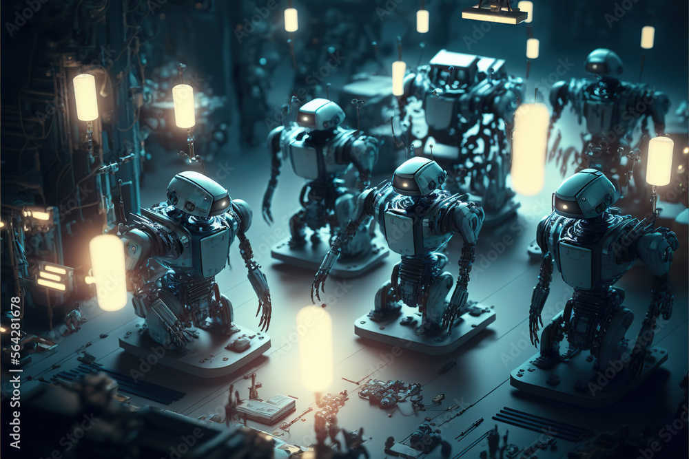 A futuristic technology image showing a room full of robots working ...