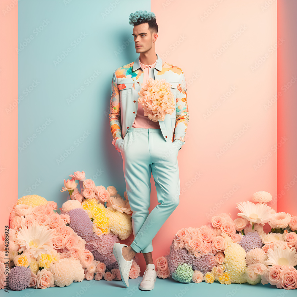 Portrait of a young, handsome man, a Spring prince on a pastel ...