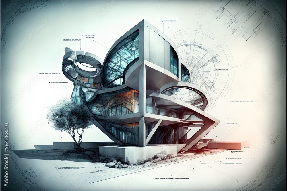 Beautiful futuristic building design, architectural technical sketch ...