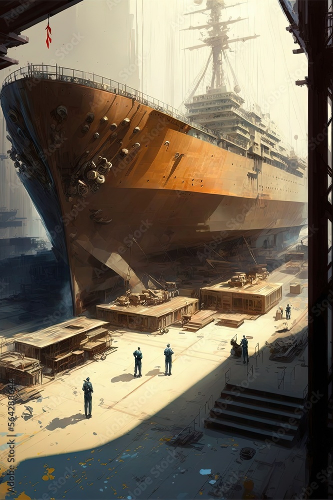 Old interbelic shipyard, dry doc. Naval factory, A new ship is ready ...