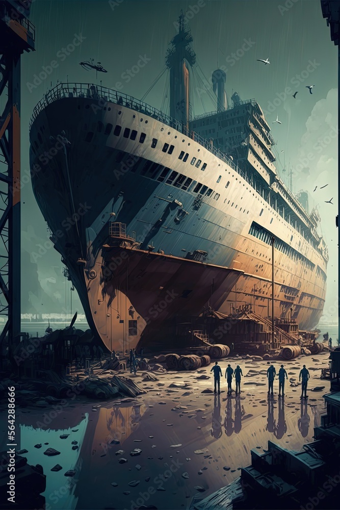 Old interbelic shipyard, dry doc. Naval factory, A new ship is ready ...