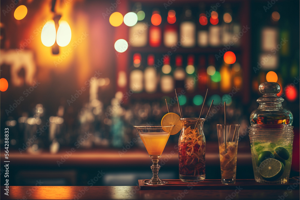 Cocktail bar background, with various colorful cocktails and some blurred people, generative ai ...