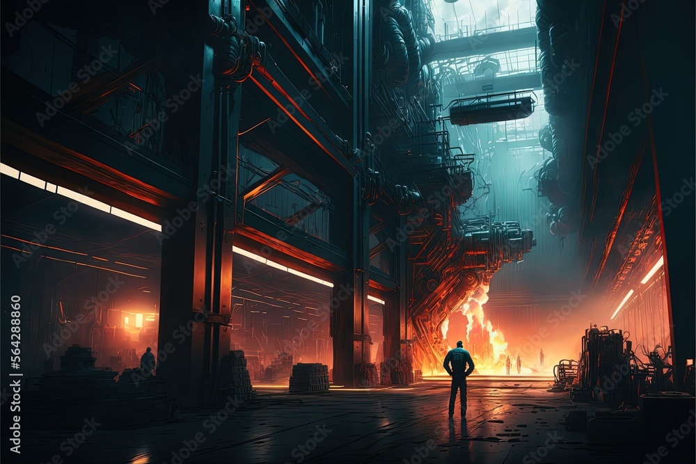 Steel factory interior. Workers building complex machinery. Men at work ...