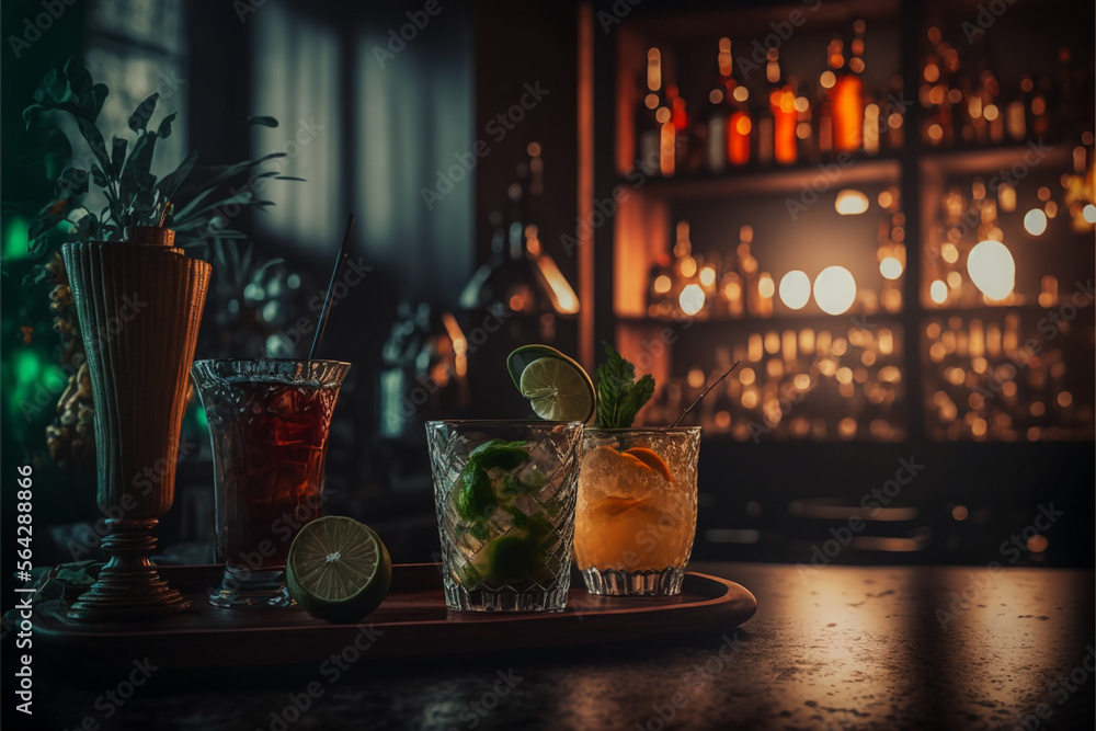 Cocktail bar background, with various colorful cocktails and some blurred people, generative ai ...