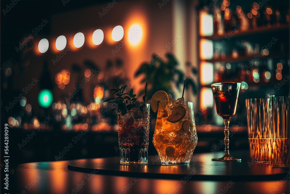 Cocktail bar background, with various colorful cocktails and some blurred people, generative ai ...