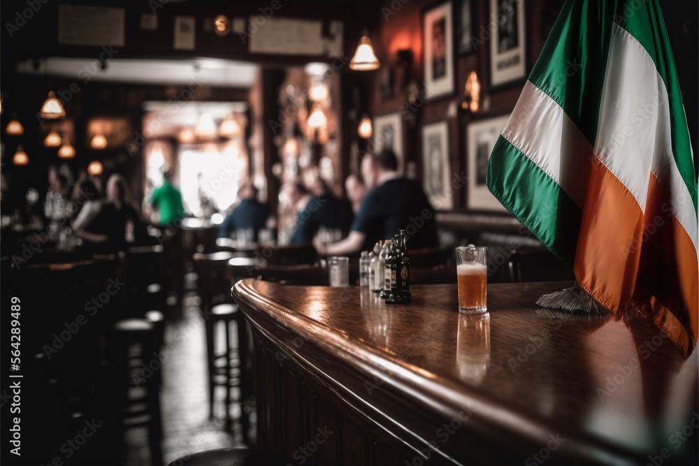 View of the interior of an Irish bar, blurred, with some people in the ...