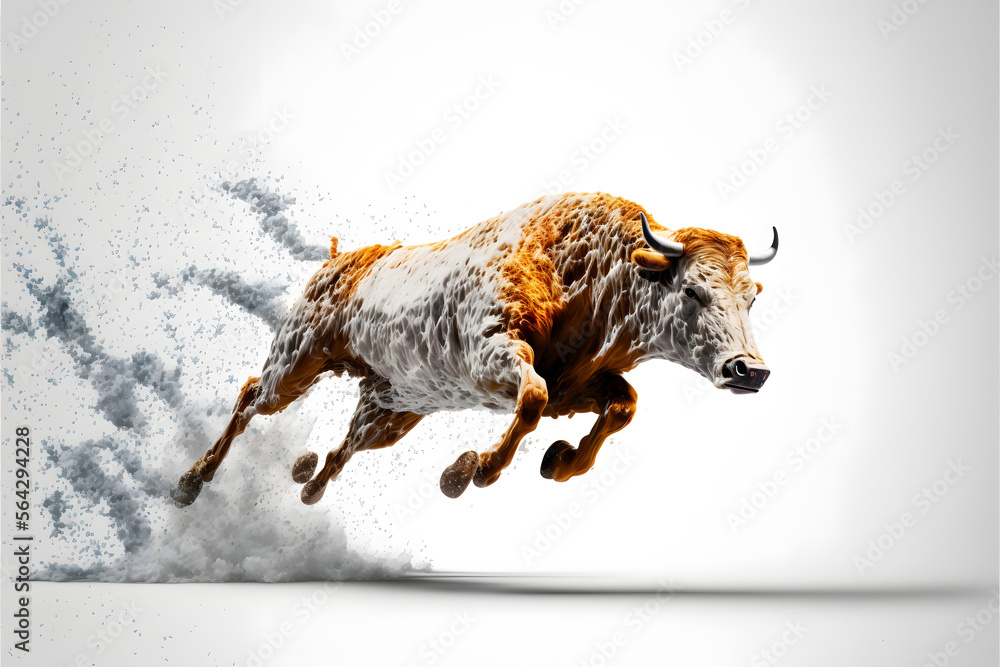 toro bicolor blanco y cafe brincando sobre la arena con fondo blanco ia ...