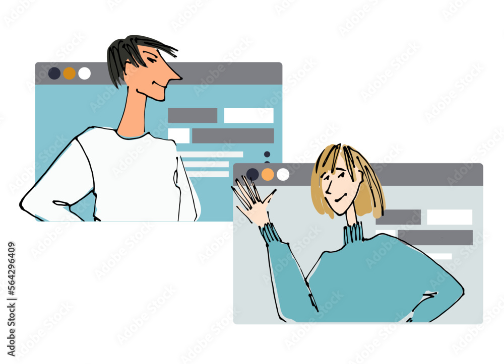 Two Young people in front of a computer screen. line illustrations ...