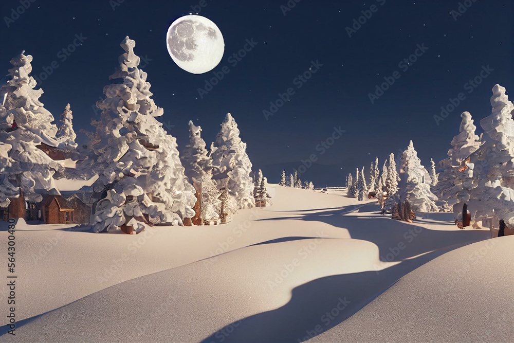 Generative AI 3D rendered winter snow scene cold and serene new for winter 2023. Santa's Village ...