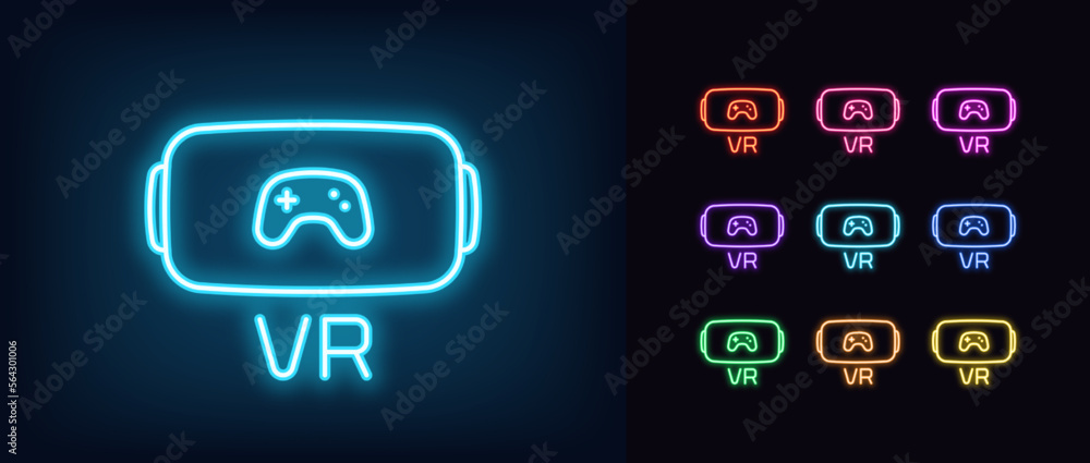 Outline neon VR glasses icon set. Glowing neon VR glasses frame with ...