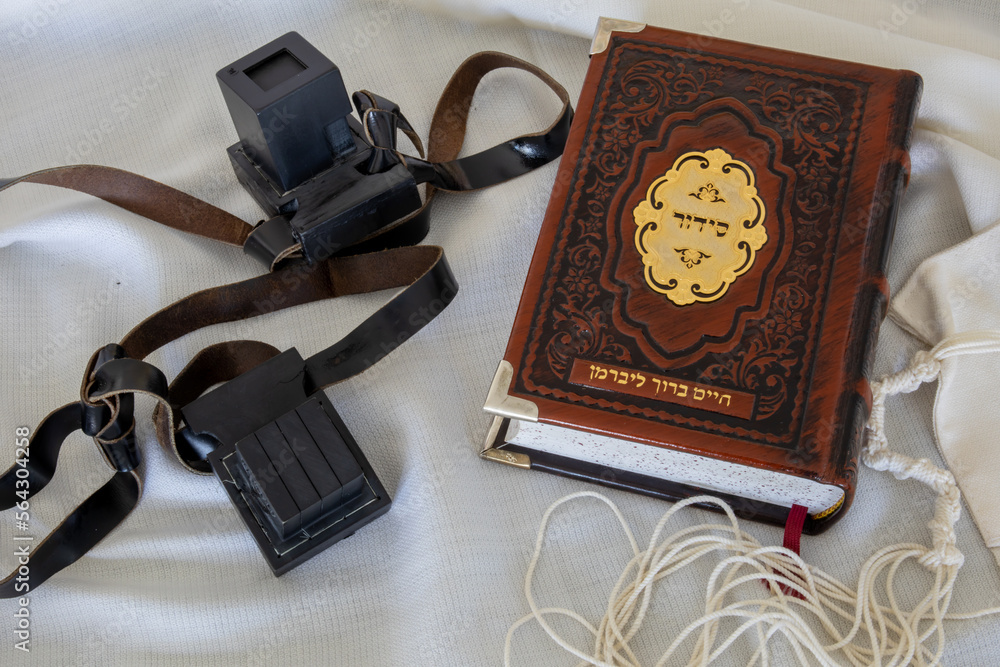 jewish religious symbols. Tefillin [phylacteries], Tallit [prayer shawl ...