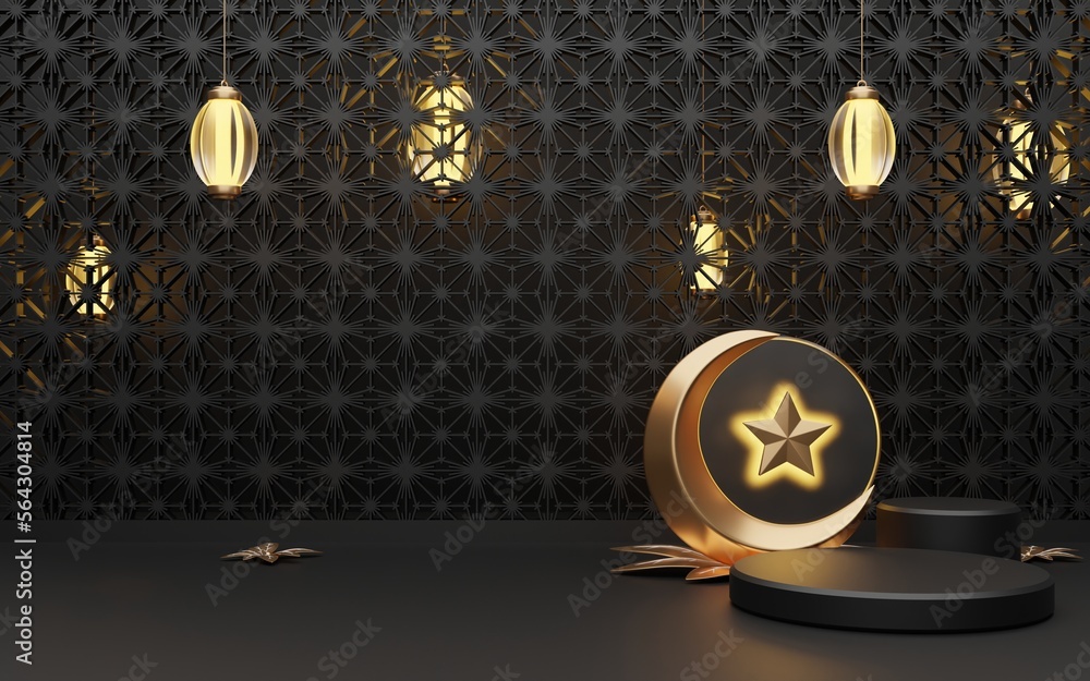 Ramadan Background With Podium and Crescent Moon Lantern Stock ...