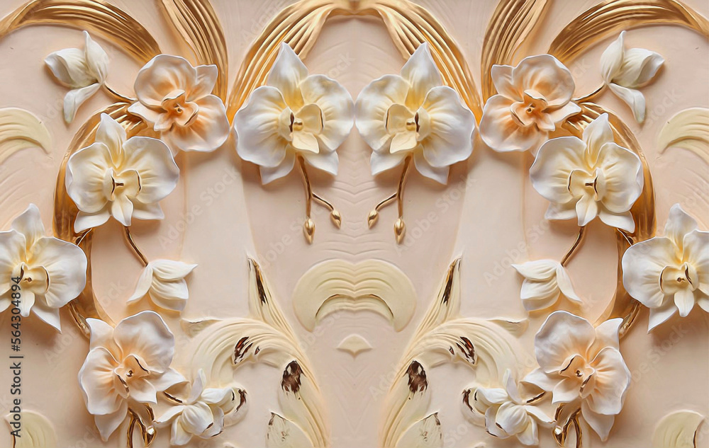 3d wallpaper flowers made of white and golden decorative gypsum Stock ...