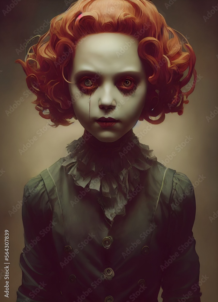 Terrifying horror doll with creepy face and red hair. Stock ...