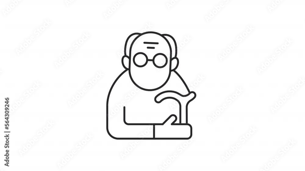 Animated senile man linear icon. Weak senior male. Geriatric care. Age ...