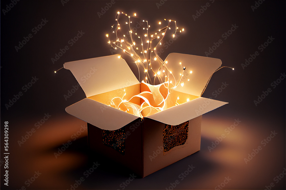 Light coming out of an open cardboard box with a surprise and magical ...