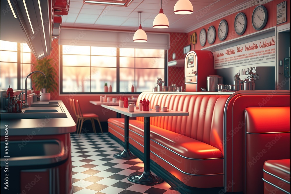 Retro cafe, american diner interior with tables, red sofas. 3d ...